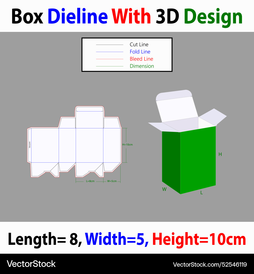 Auto lock box 4x8x10cm dieline template with 3d Vector Image