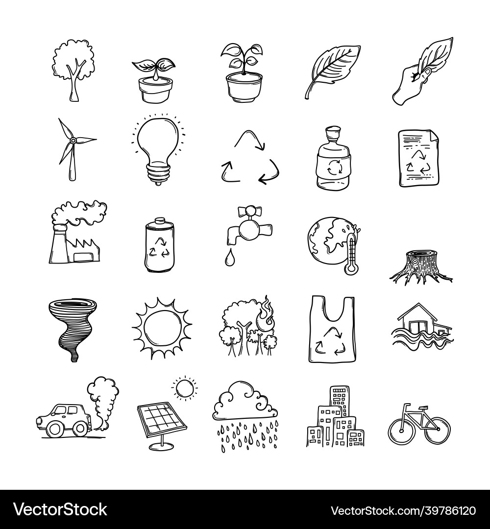 Climate change doodle icon set drawing sketch Vector Image