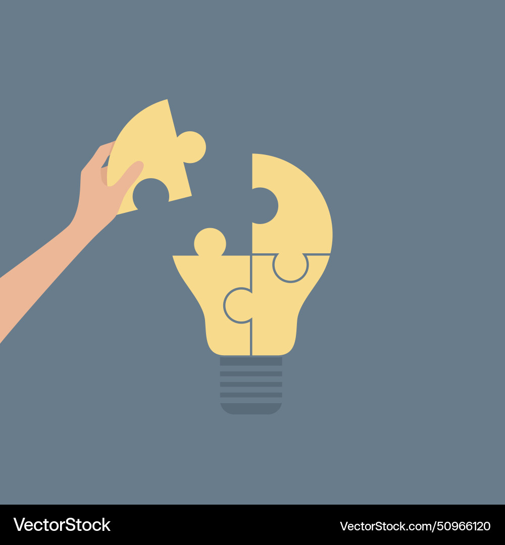 Hand placing missing piece on lamp puzzle Vector Image
