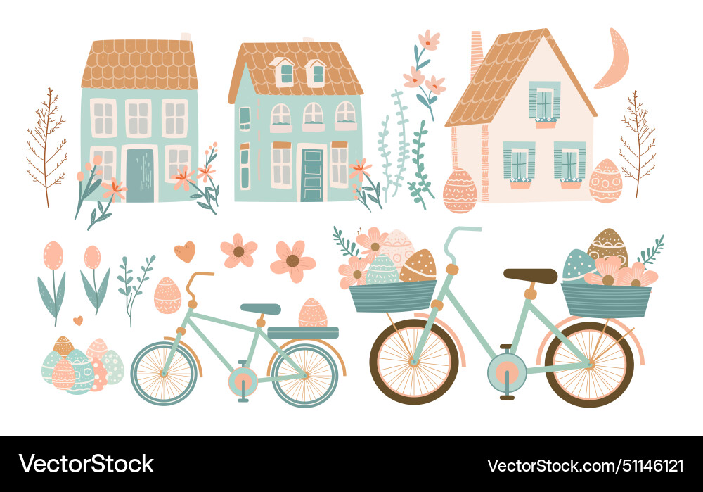Happy easter greeting card with houses bicycles Vector Image