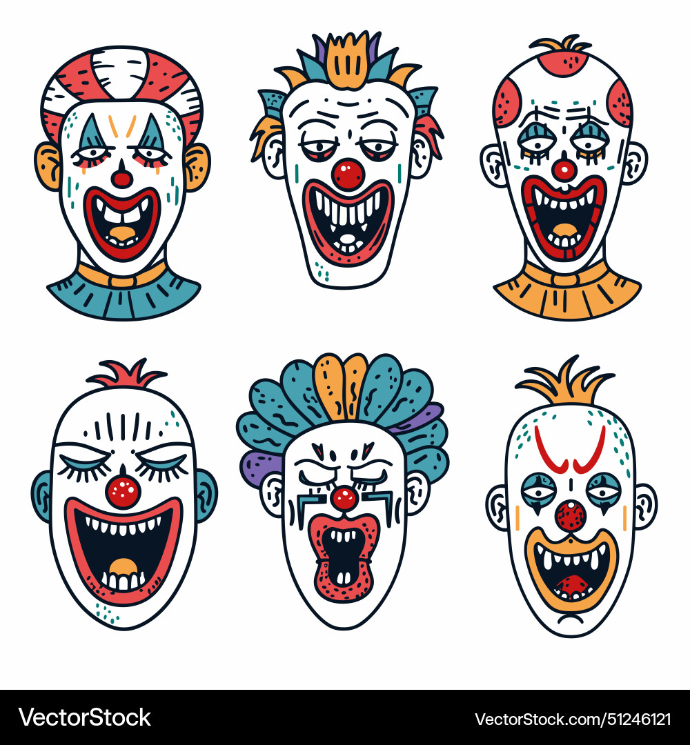 Six clown faces colorful cartoon collection Vector Image