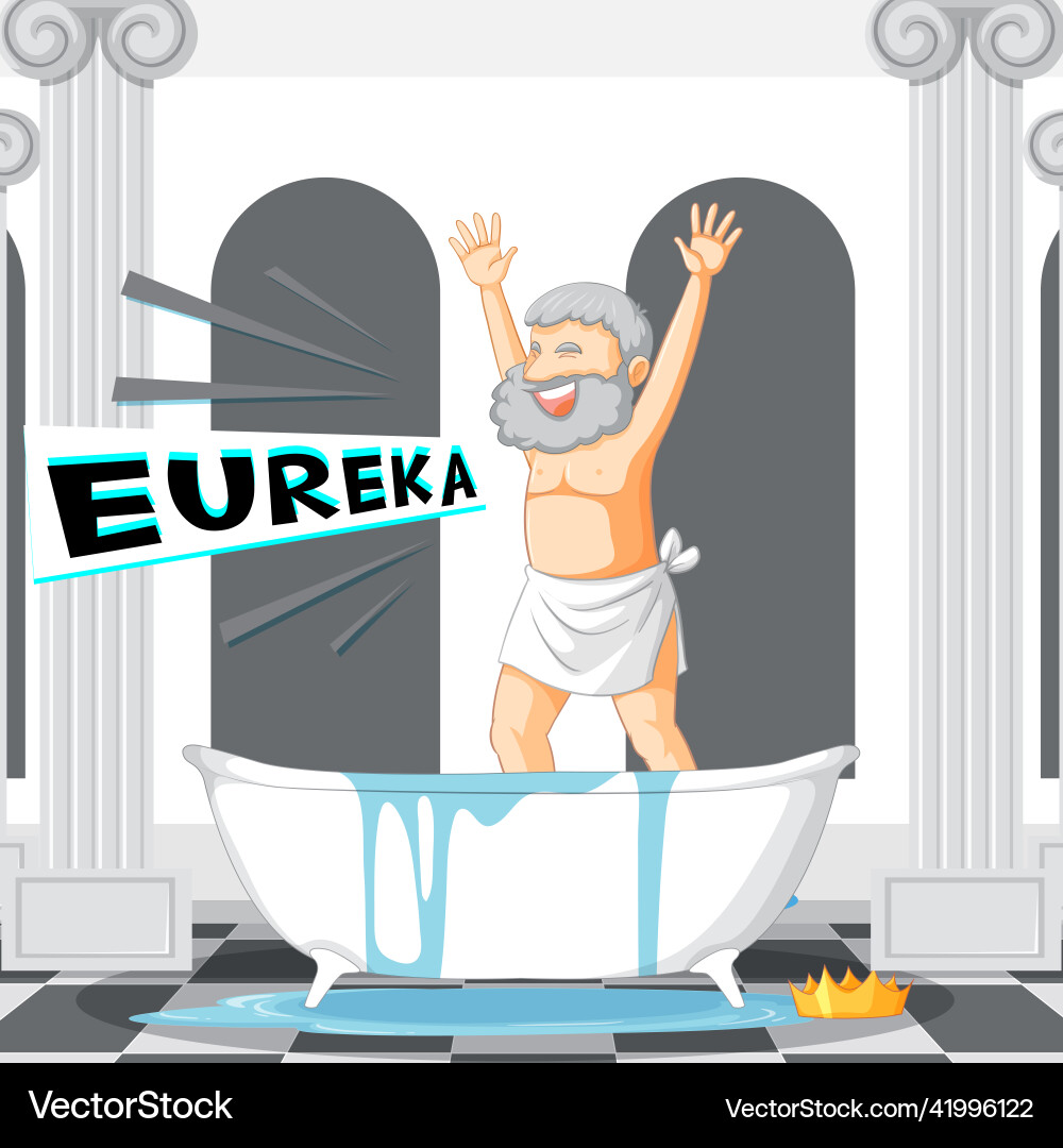 Archimedes in bathtub cartoon with the word eureka