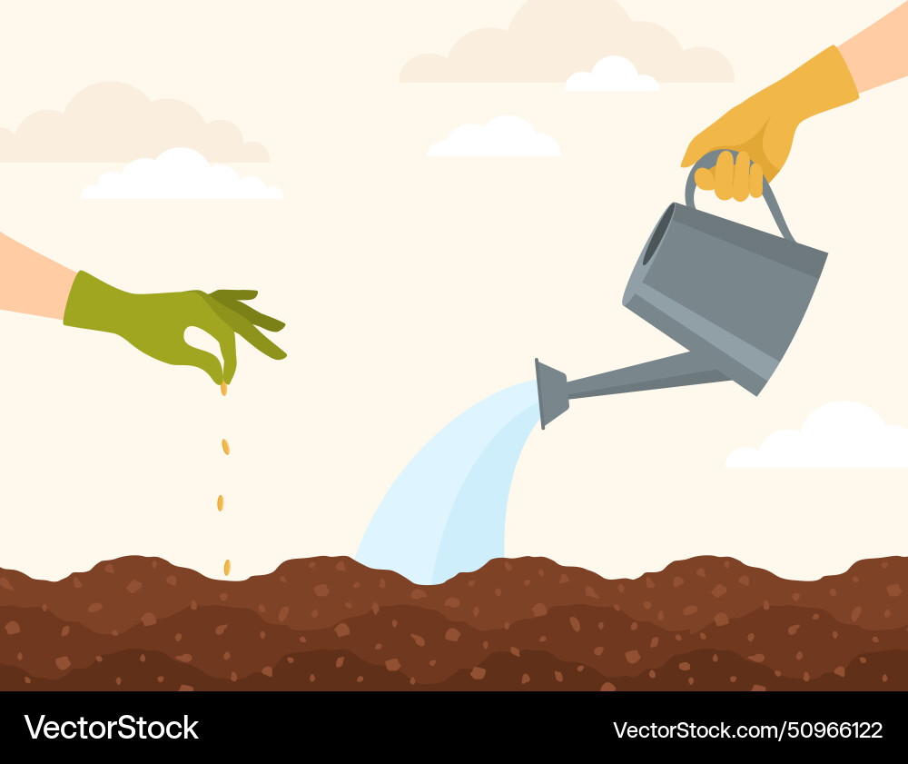 Hands planting and watering seeds Royalty Free Vector Image