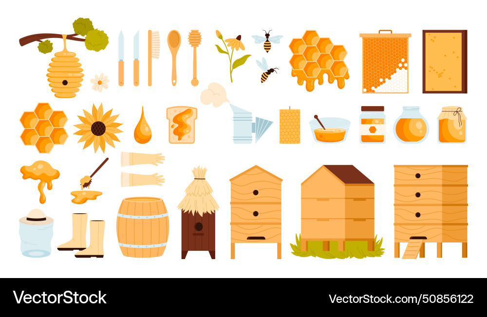 Honey products and apiary set beekeeping Vector Image