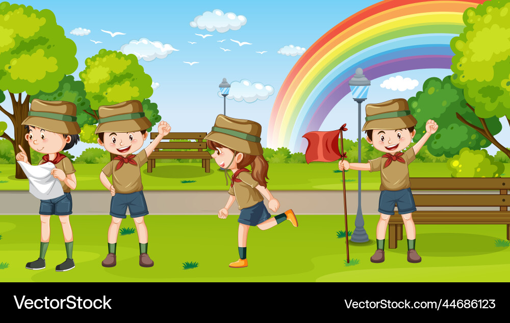 Outdoor scene with scout kids Royalty Free Vector Image