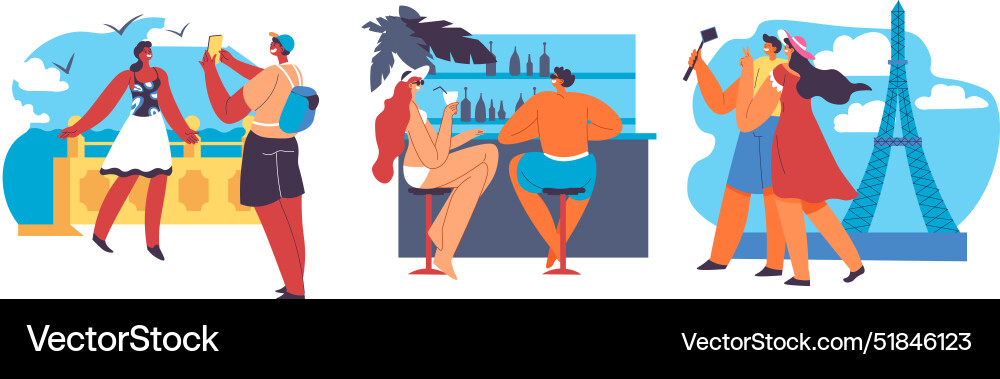 Tourists visiting famous landmarks Royalty Free Vector Image