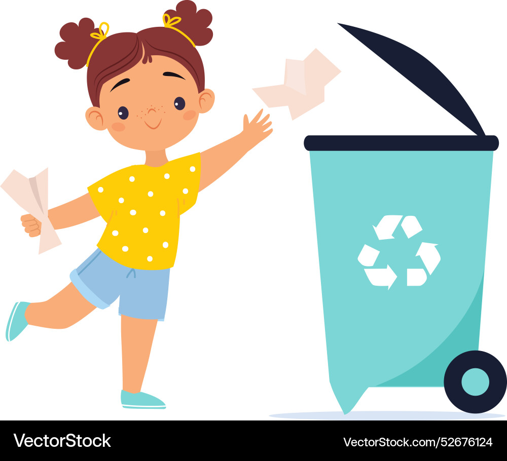 Ecology with girl character throw garbage Vector Image