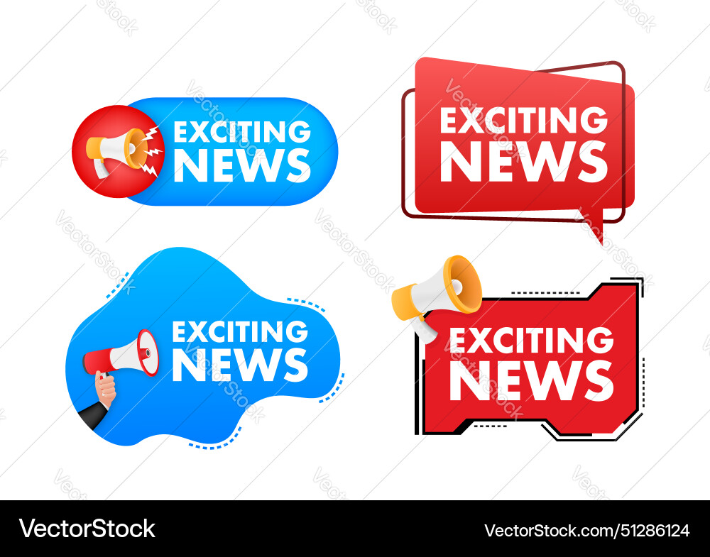 Exciting news text with megaphone label set Vector Image