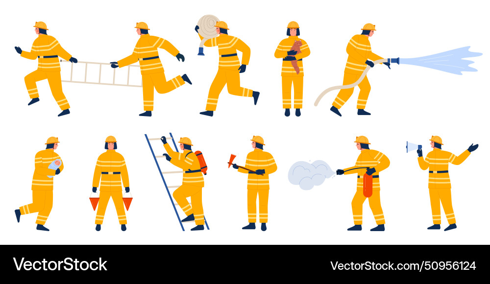 Firefighter characters in uniform and helmet Vector Image