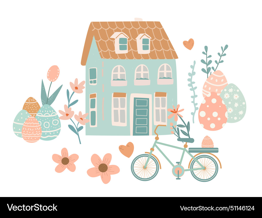 Happy easter greeting card with house bicycle eggs
