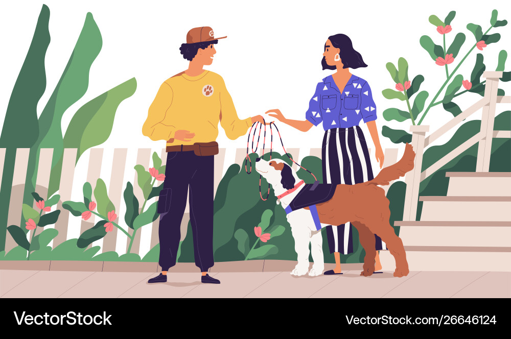 Professional dog walker getting domestic animal Vector Image