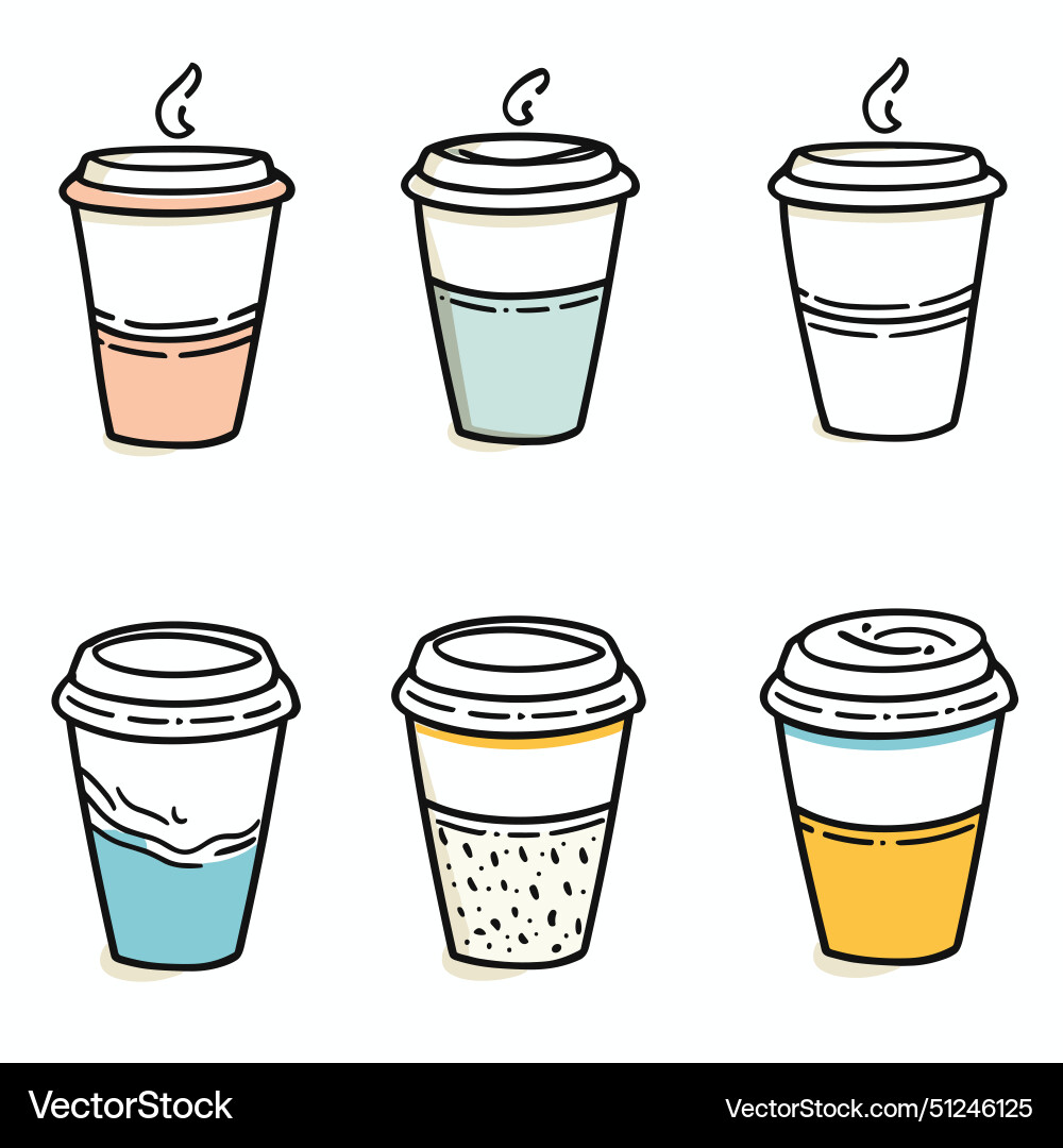 Six colorful coffee cups lids unique Royalty Free Vector