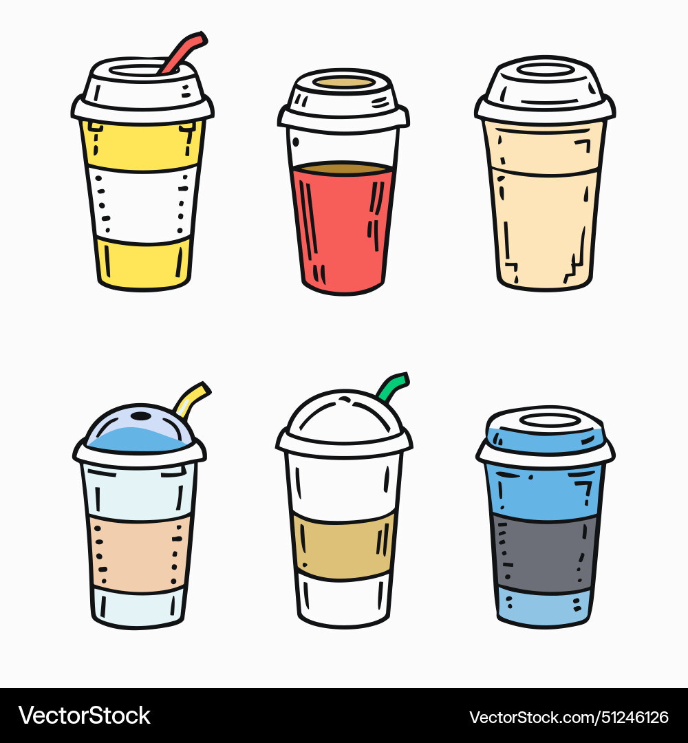 Handdrawn colorful beverage cups collection coffee