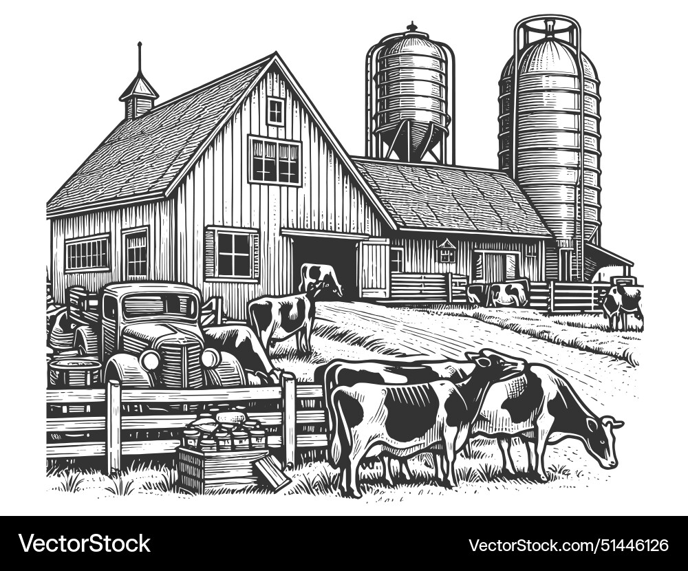 Rustic farm engraving with cattle and barn Vector Image