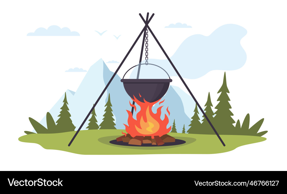 Cooking cauldron hanging over campfire in clearing