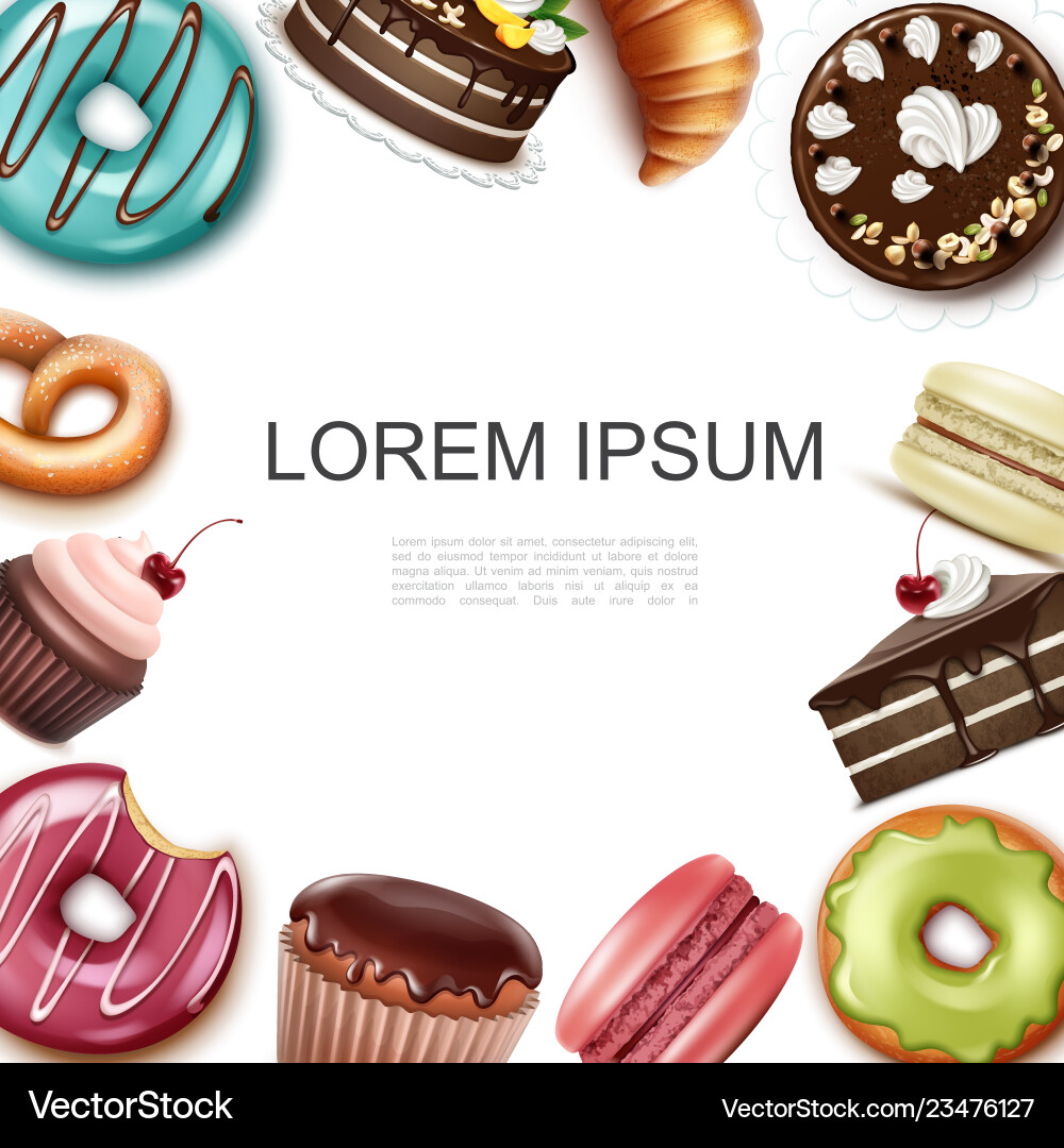 Realistic cakes and desserts concept Royalty Free Vector