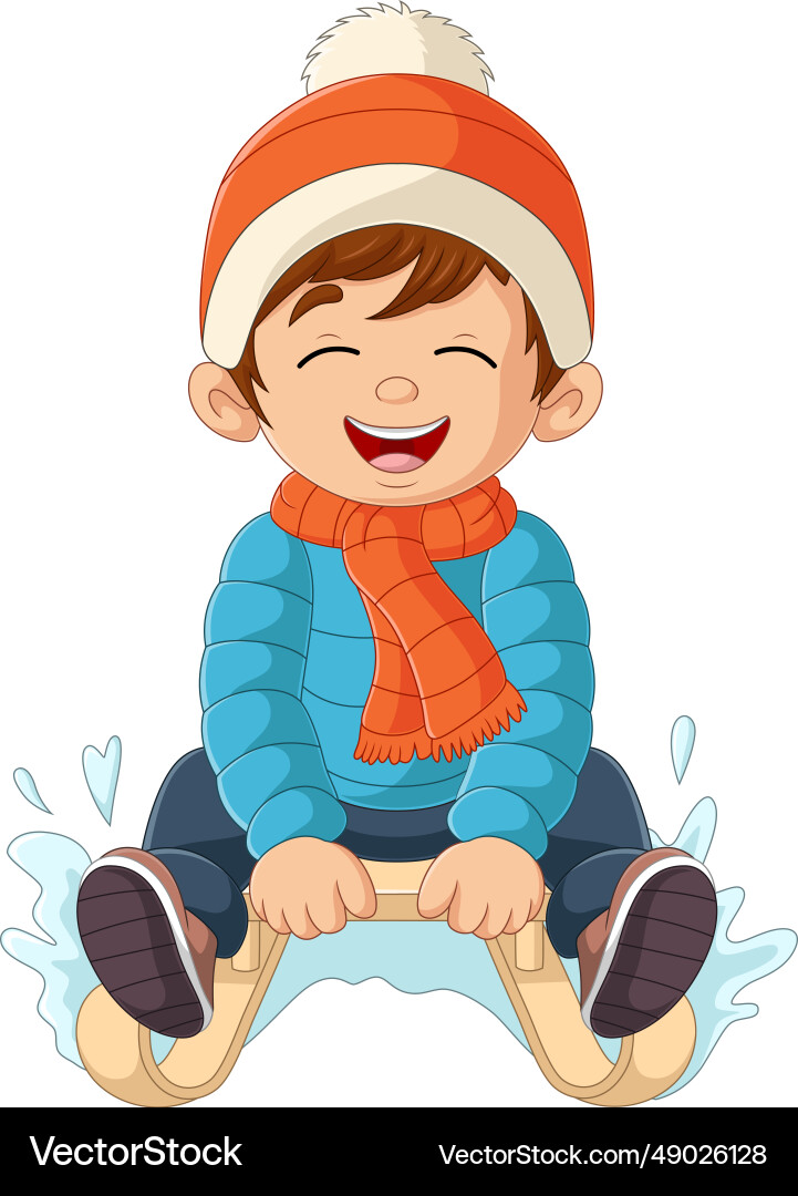 Cartoon little boy sledding down a hill Royalty Free Vector