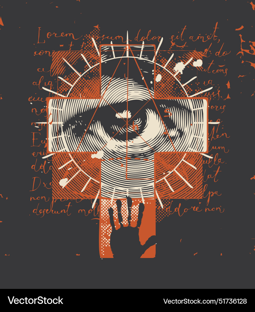 Cross with a masonic human eye in square Vector Image