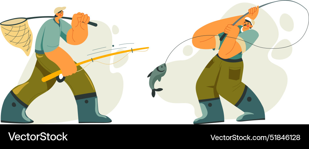 Fishermen in action cartoon style Royalty Free Vector Image