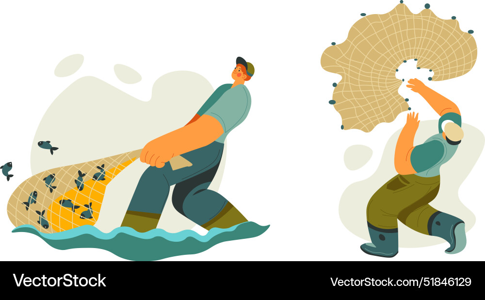 Fishermen catching fish with nets Royalty Free Vector Image