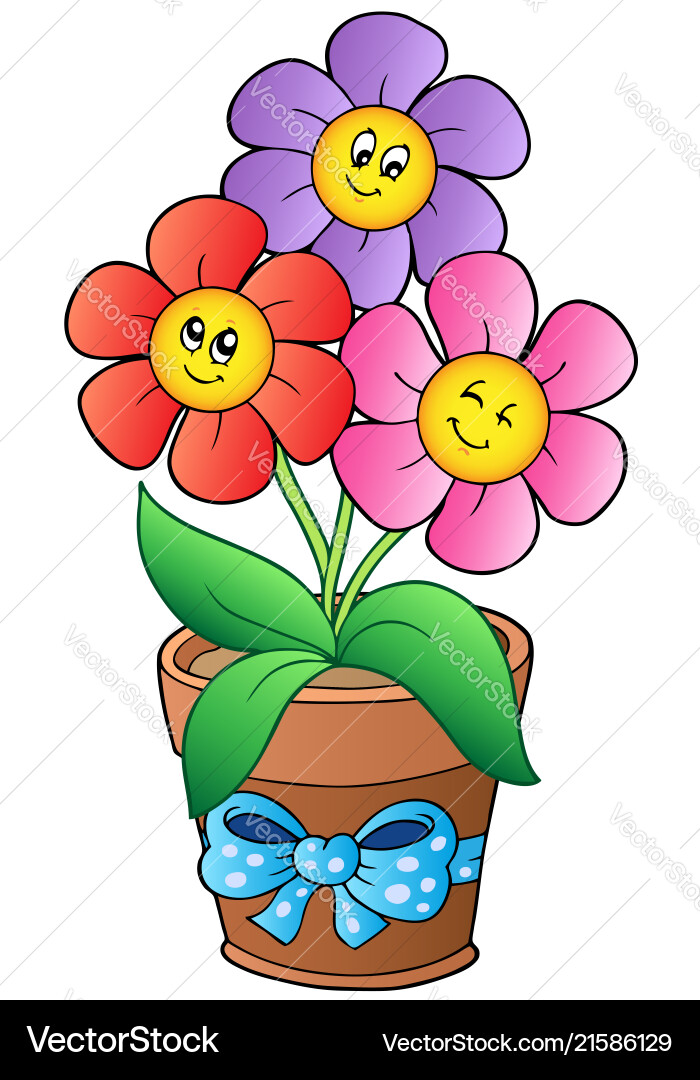 Pot with three cartoon flowers Royalty Free Vector Image