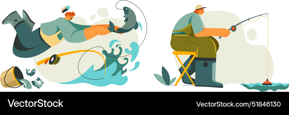Fishermen in action cartoon style Royalty Free Vector Image
