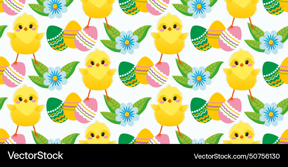 Seamless easter pattern with flowers chickens Vector Image