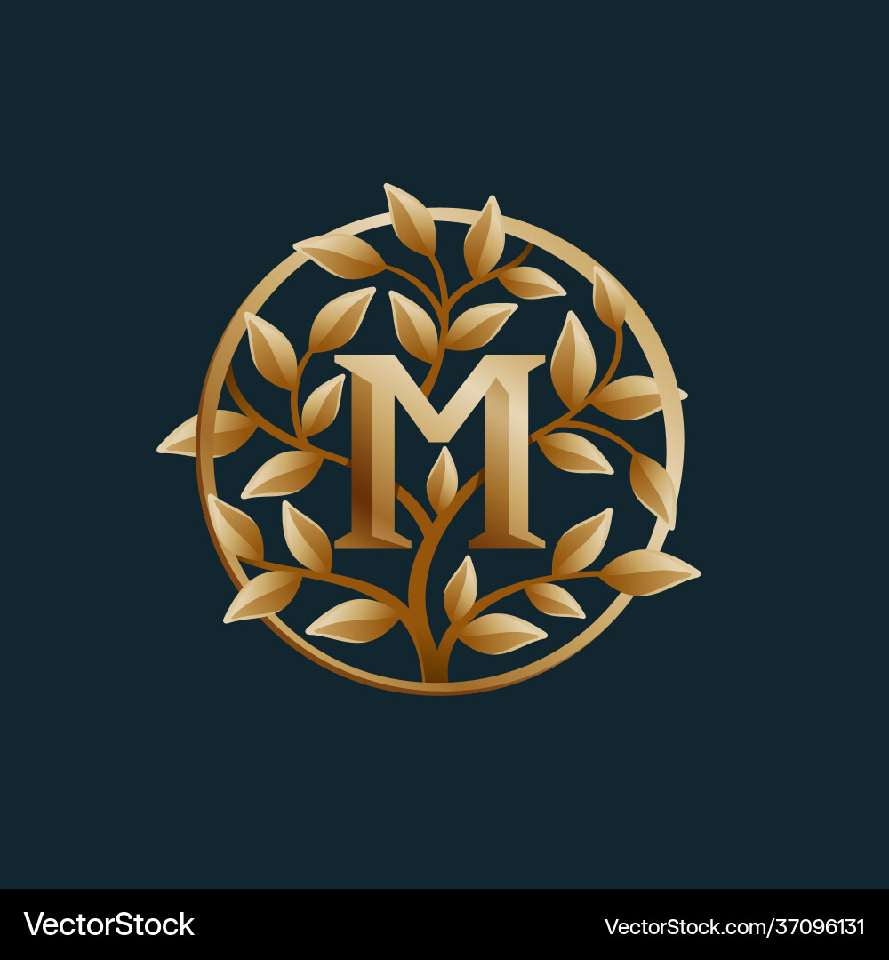 Golden tree m letter logo vintage circle emblem Vector Image