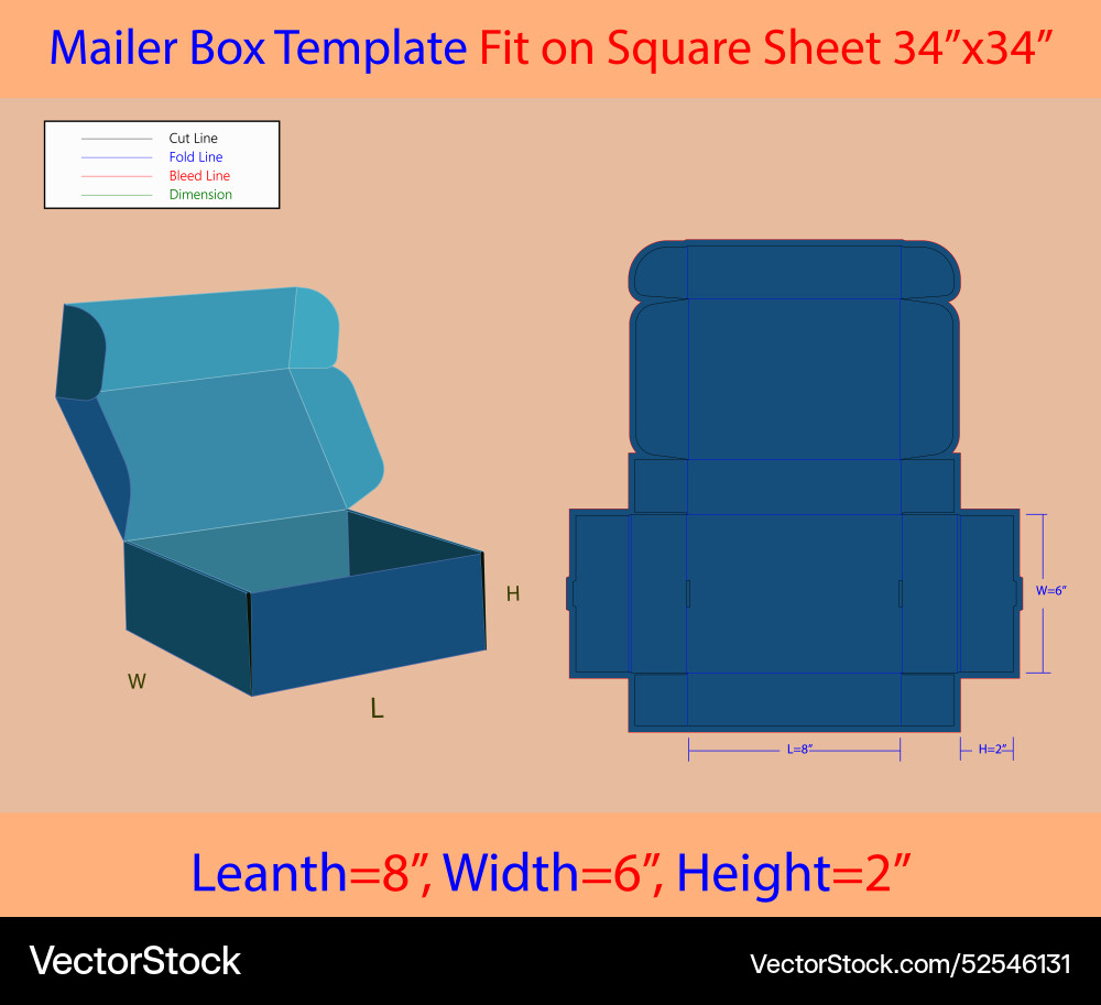 Mailer box 8x6x2 inch dieline template with 3d Vector Image