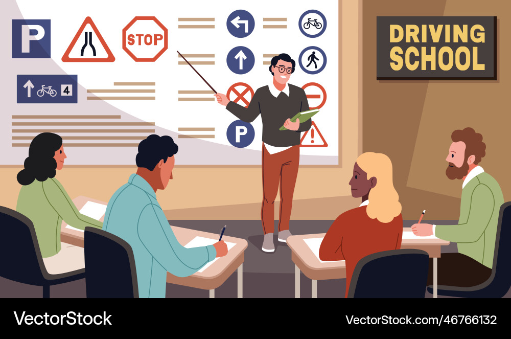 Driving school lesson men and women Royalty Free Vector