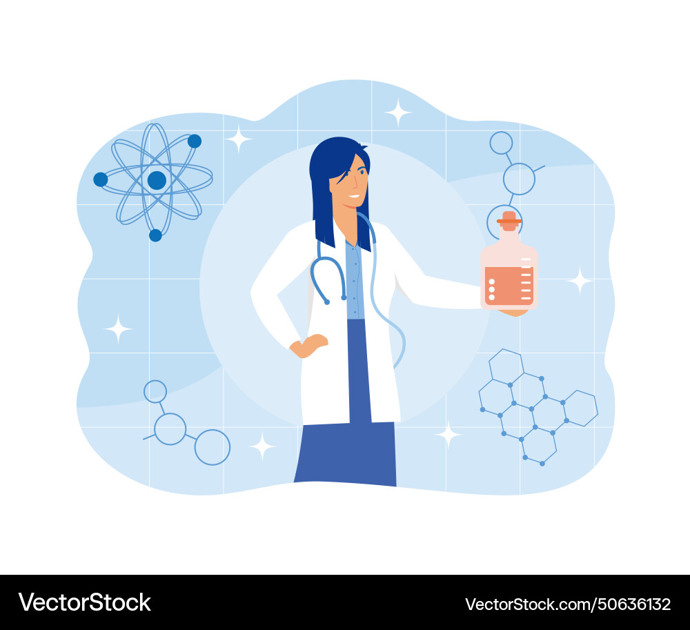 Female scientist with flasks working Royalty Free Vector