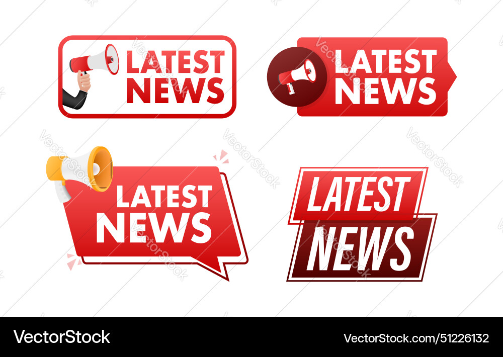 Latest news text with megaphone label set Vector Image