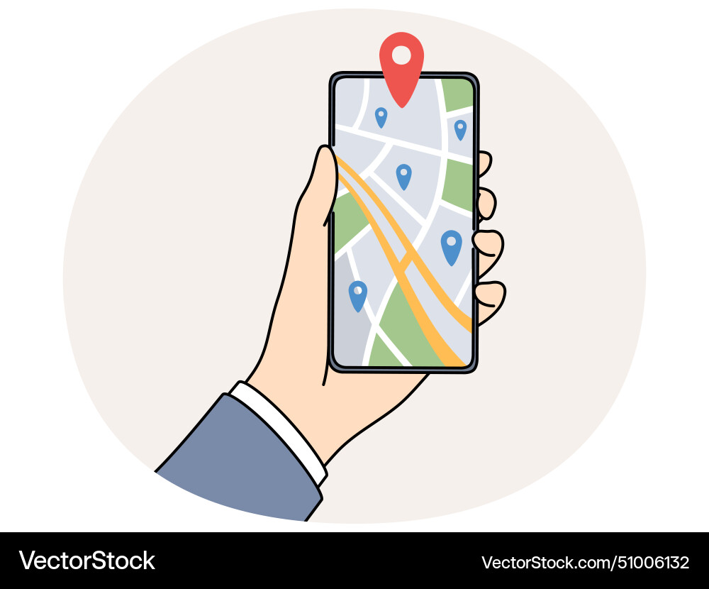 Person holding mobile with gps tracker on map Vector Image