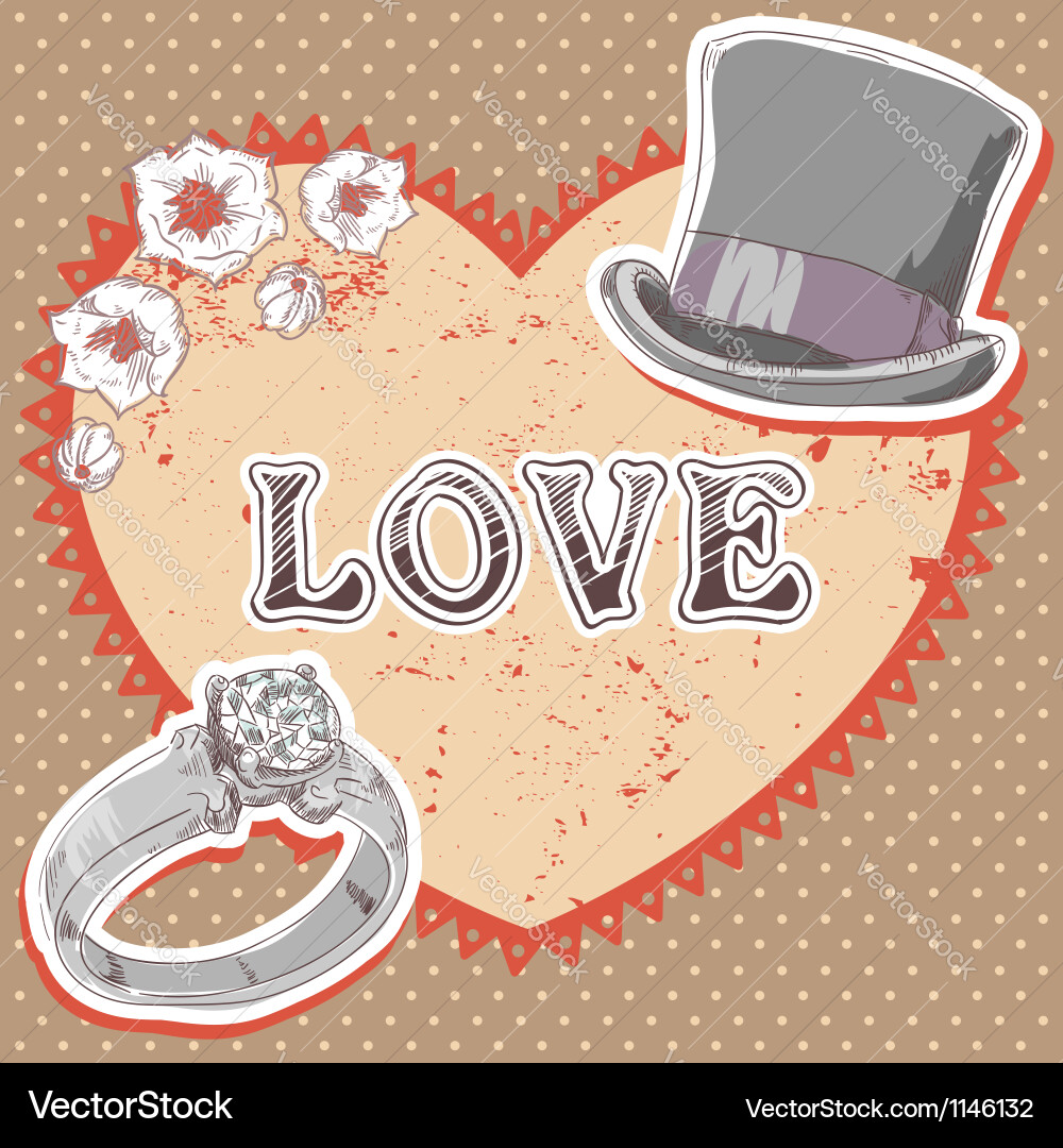 Retro Valentine Card with Top Hat & Ring Vector Image