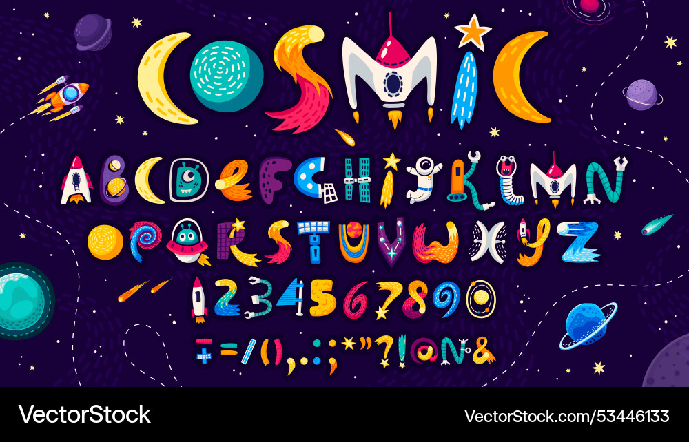 Cartoon space font universe type galaxy typeface Vector Image
