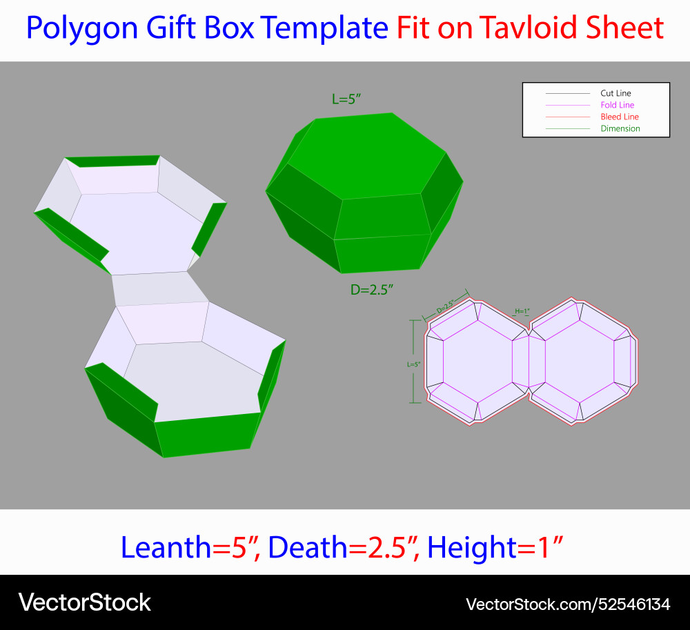 36 polygon gift box 5x25x1 inch dieline template Vector Image