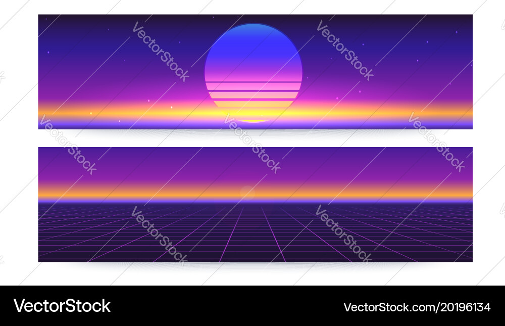 Retro Cyber Sunset Banners Royalty Free Vector Image