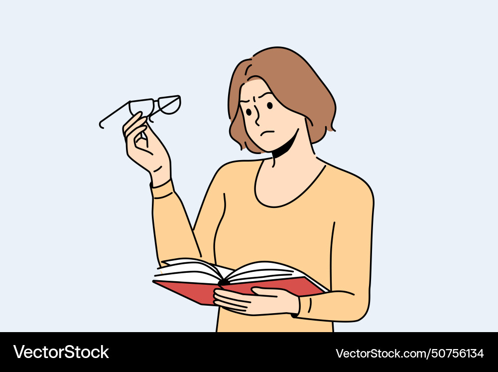 Woman experiences vision problems reading book Vector Image