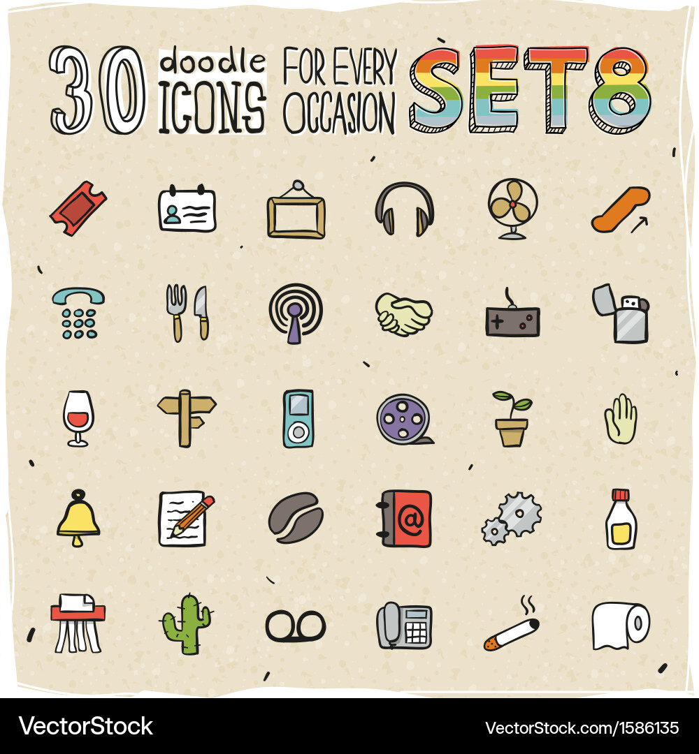 30 colorful doodle icons set 8 Royalty Free Vector Image