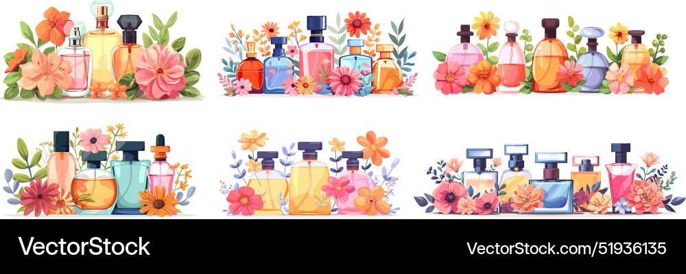 Cartoon perfume and flowers composition set Vector Image