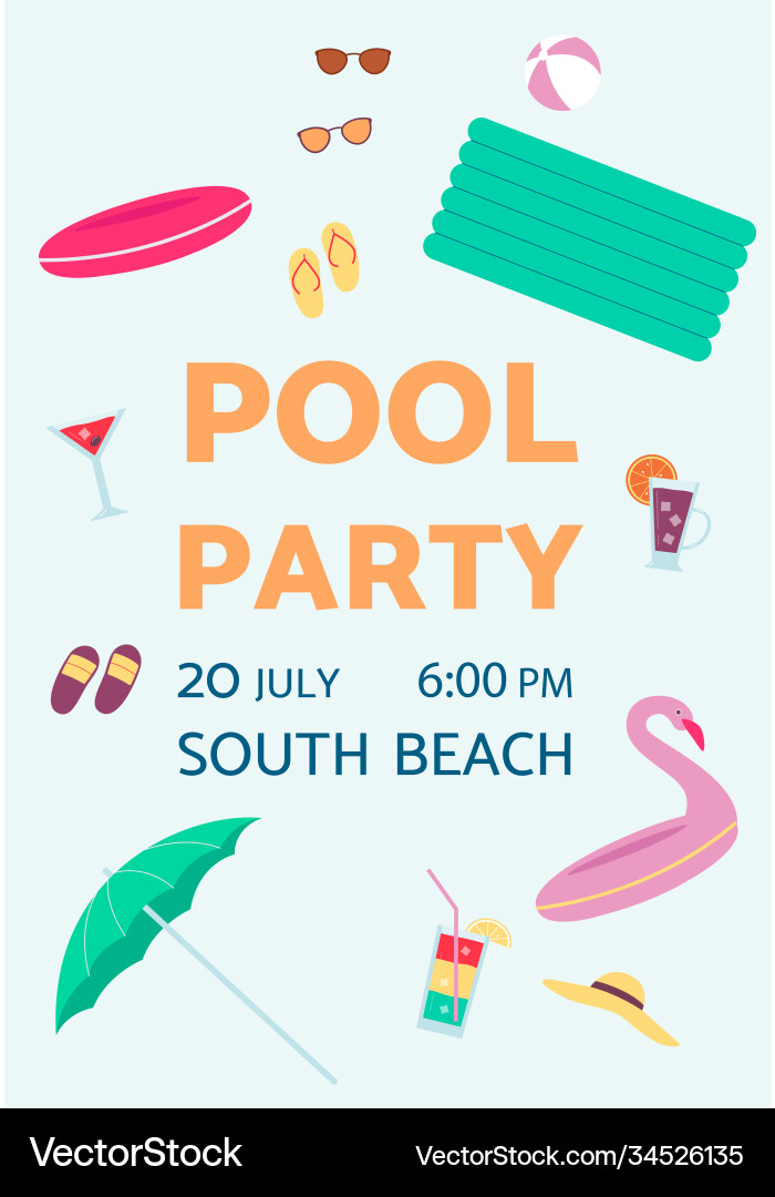 Pool party card with items beach recreation Vector Image