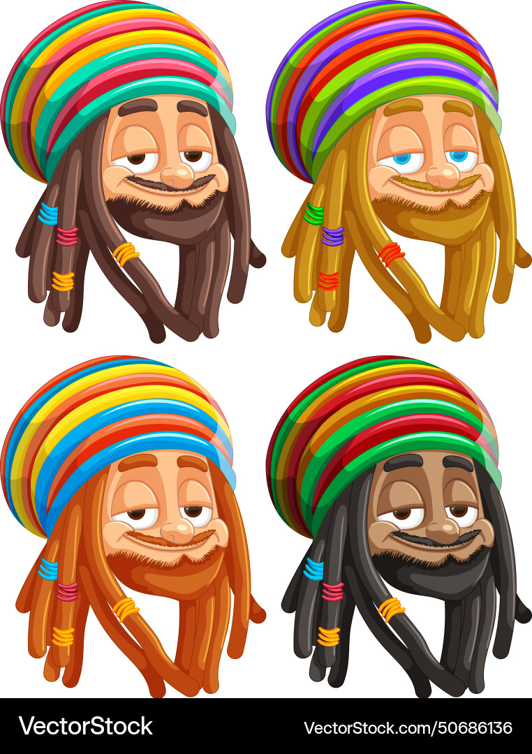 Four of rastafarian characters smiling Royalty Free Vector