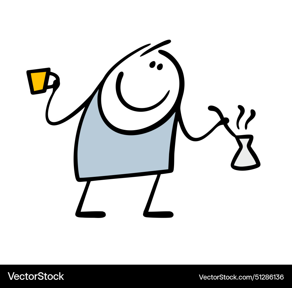 Stickman prepares breakfast brews coffee Vector Image