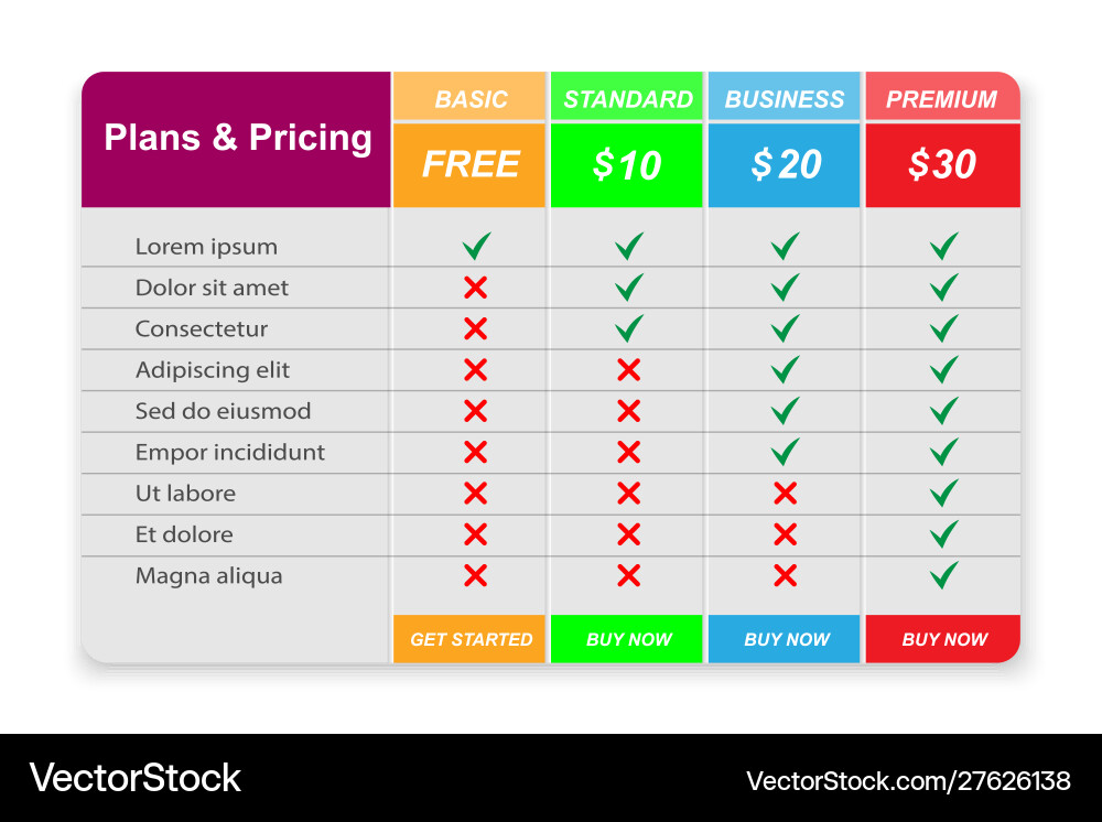 Comparison pricing table Royalty Free Vector Image