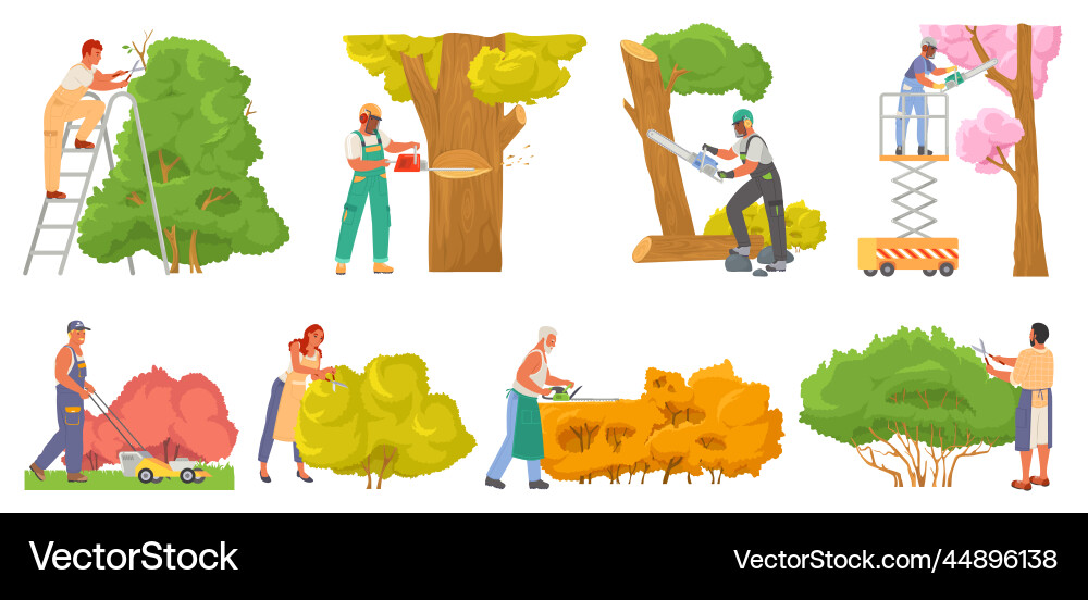 Gardener worker pruning tree plant set Royalty Free Vector