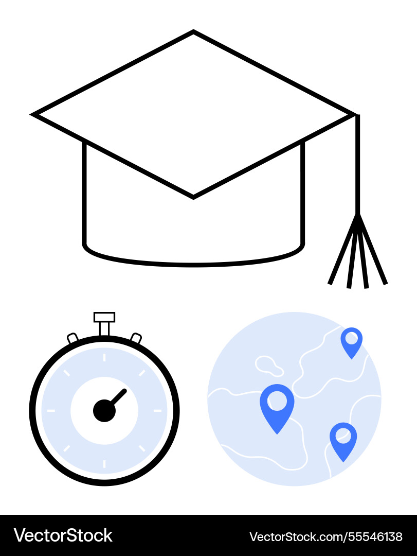 Graduation cap with stopwatch and map navigating Vector Image