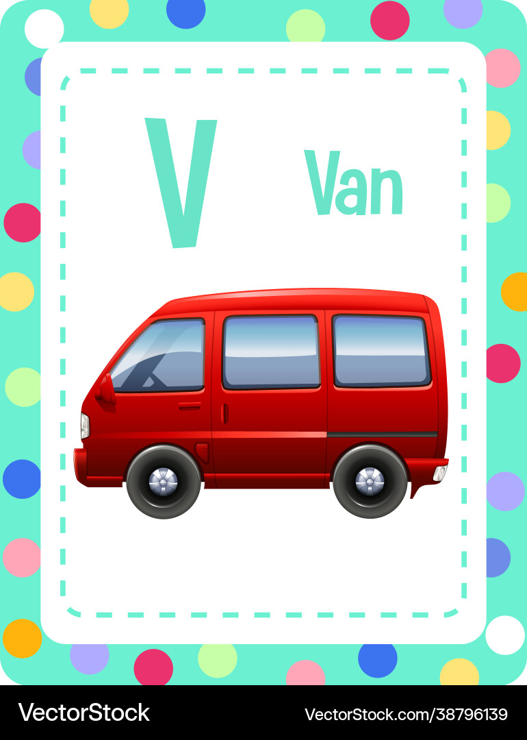 Alphabet flashcard with letter v and van Vector Image