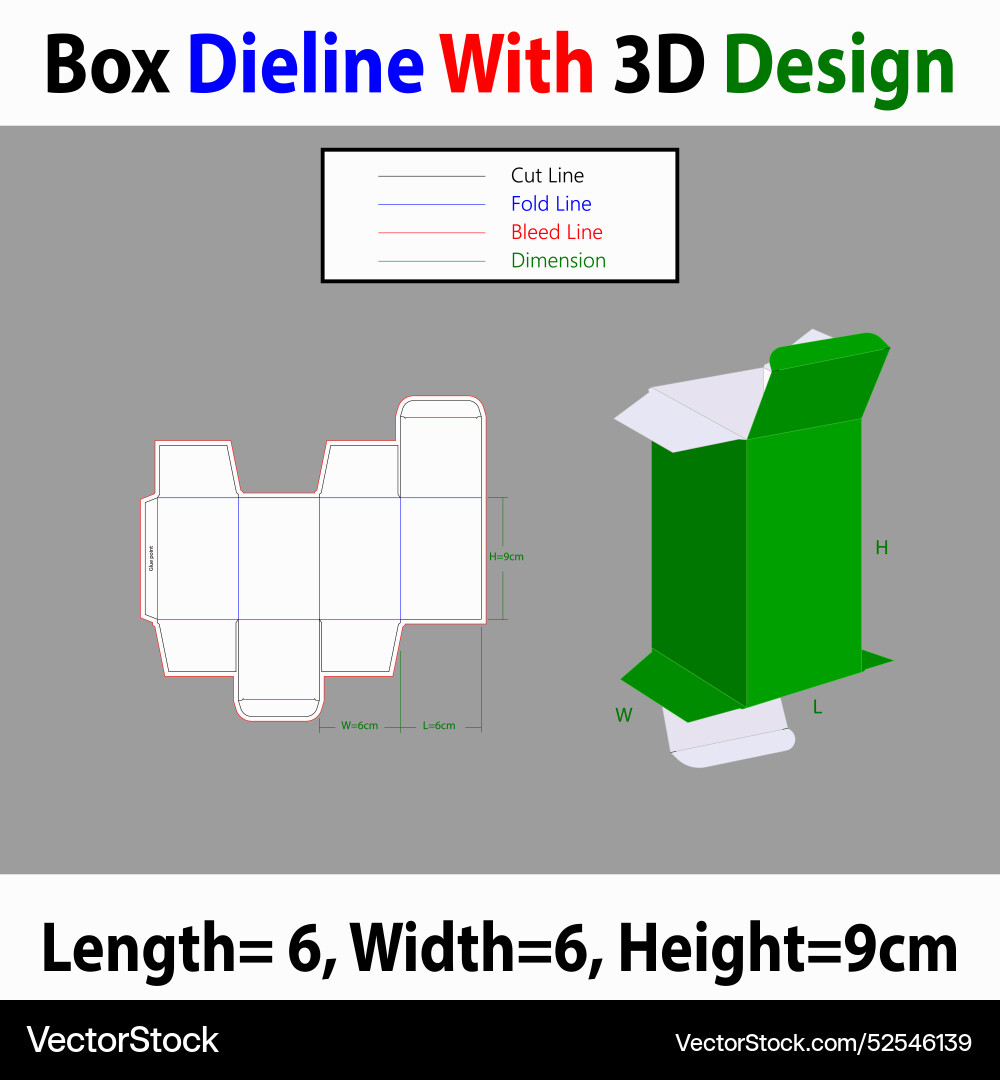 Rivers tuck end square box 6x6x9cm dieline Vector Image