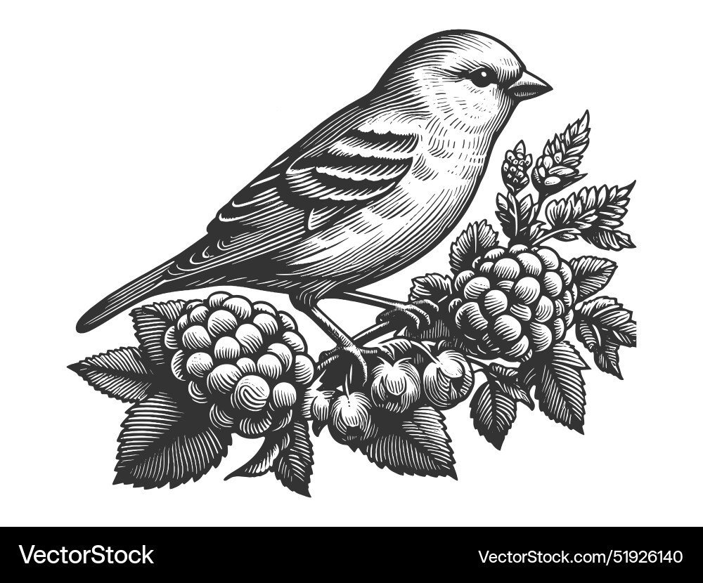 Bird perched on berry branch engraving Royalty Free Vector