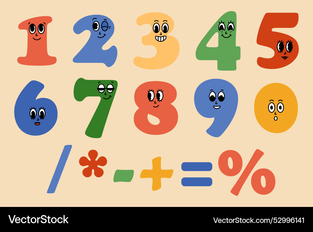 Groovy numbers cartoon characters and math signs Vector Image